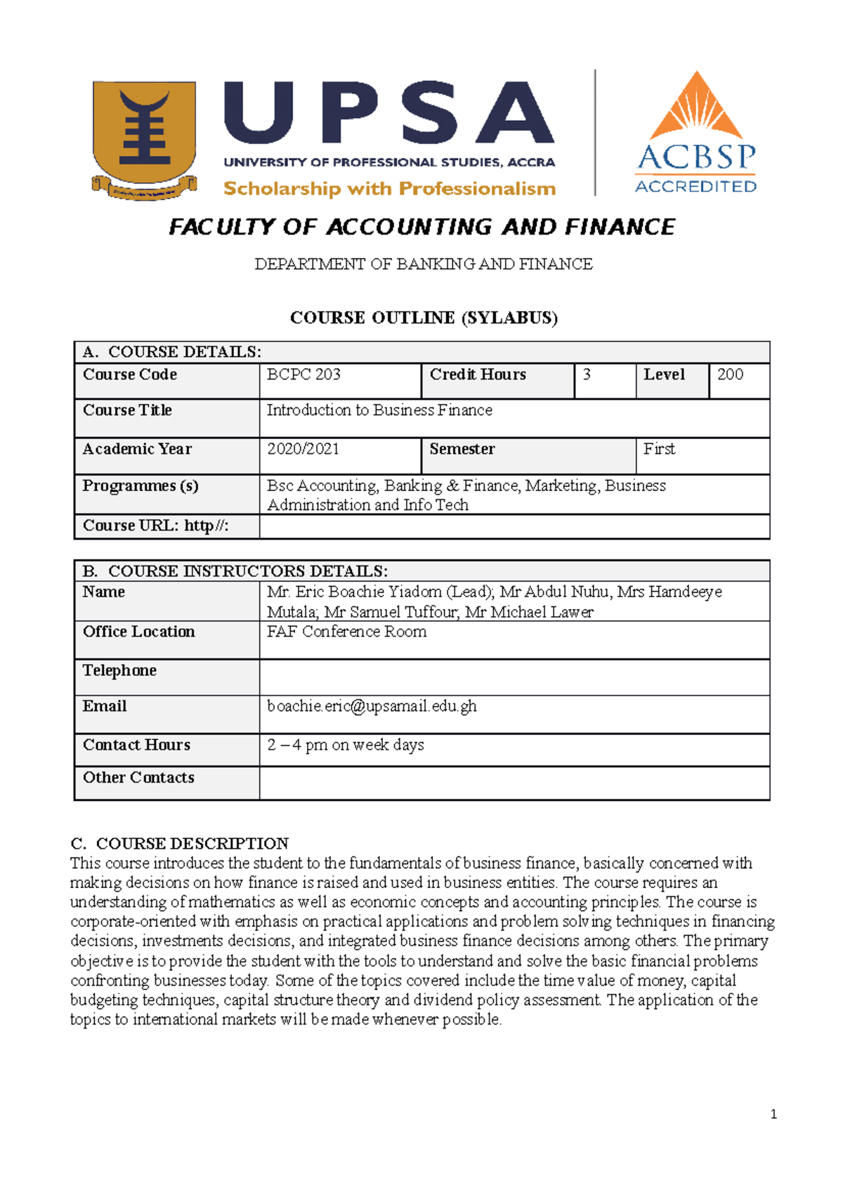 BCPC 203 Intro to Business finance course outline - FACULTY OF ...