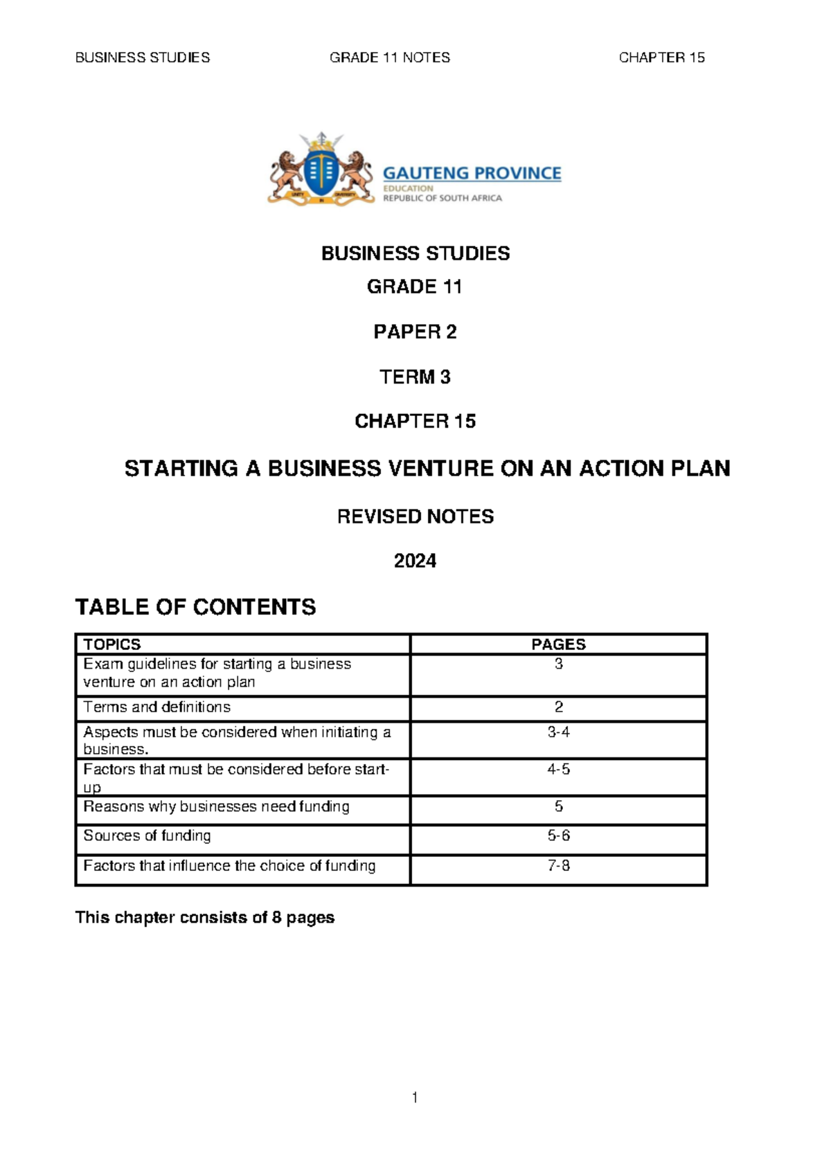 Teacher Business Studies Grade 11 Notes Chapter 15 - BUSINESS STUDIES ...