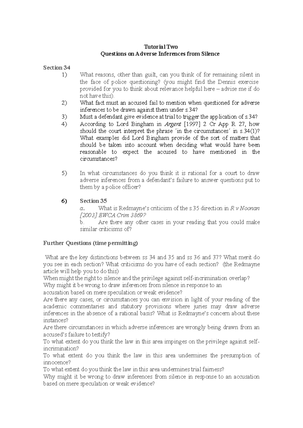 TUTORIAL 2 ADVERSE INFERENCES FROM SILENCE - Tutorial Two Questions on ...