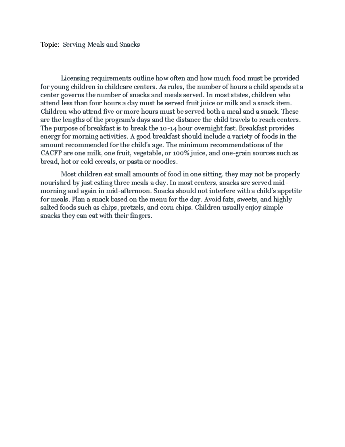 Topic Serving Meals and Snacks - Topic: Serving Meals and Snacks ...