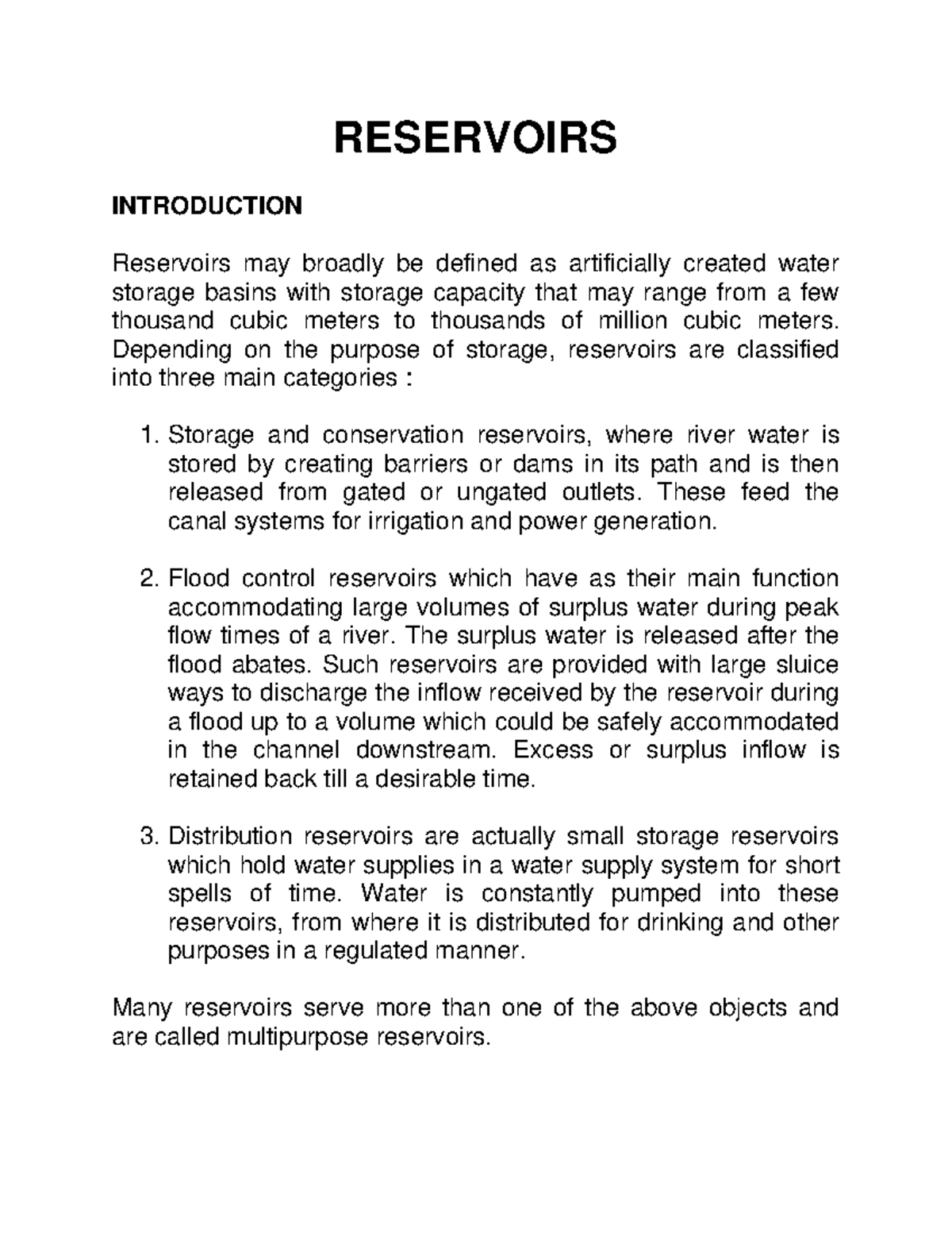 Reservoirs - RESERVOIRS INTRODUCTION Reservoirs may broadly be defined ...