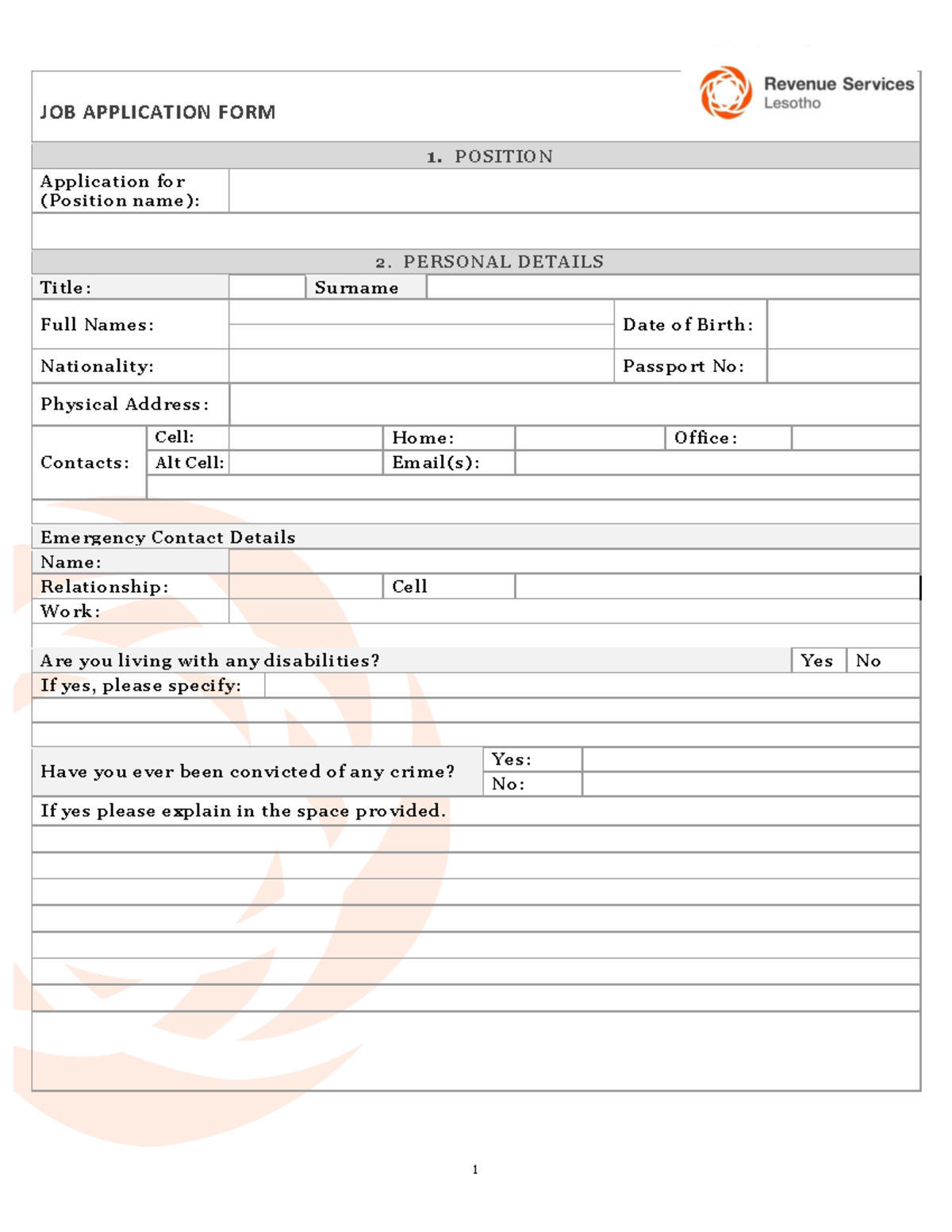 RSL new employment application form - JOB APPLICATION FORM 1. POSITION ...