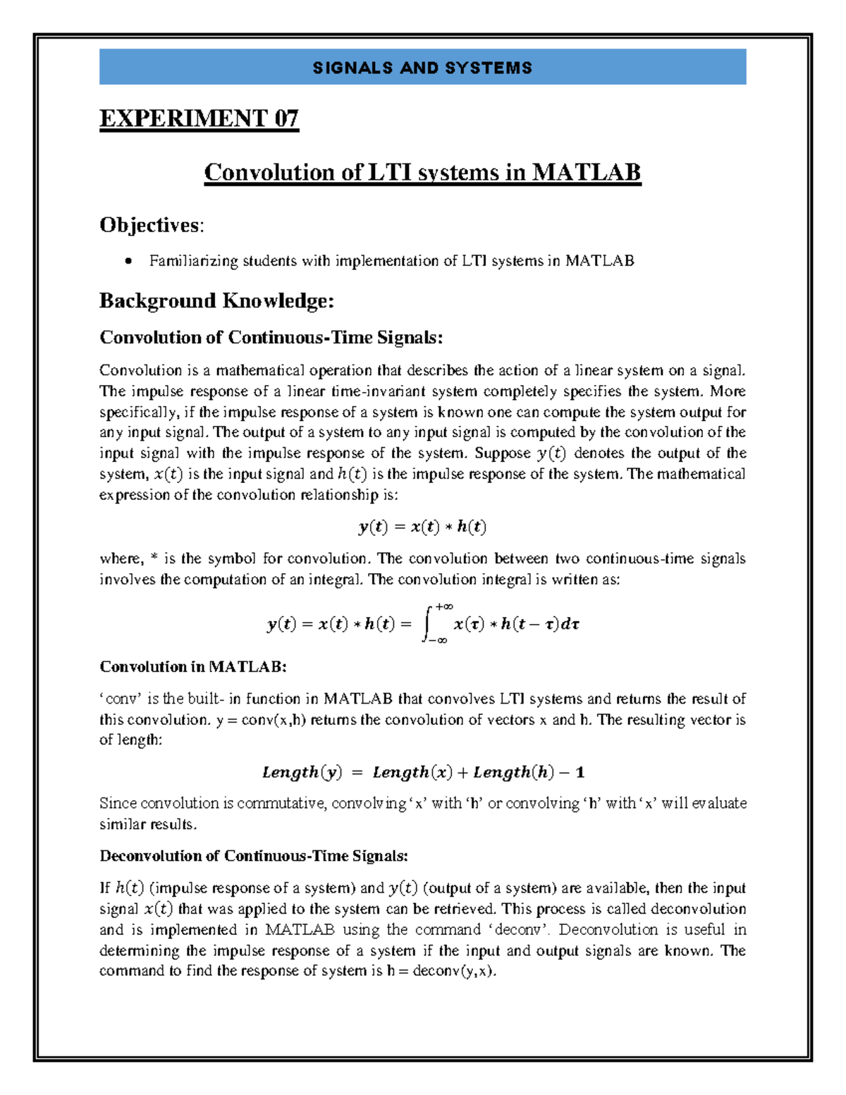 Lab7sns - NOtes - EXPERIMENT 07 Convolution of LTI systems in MATLAB ...