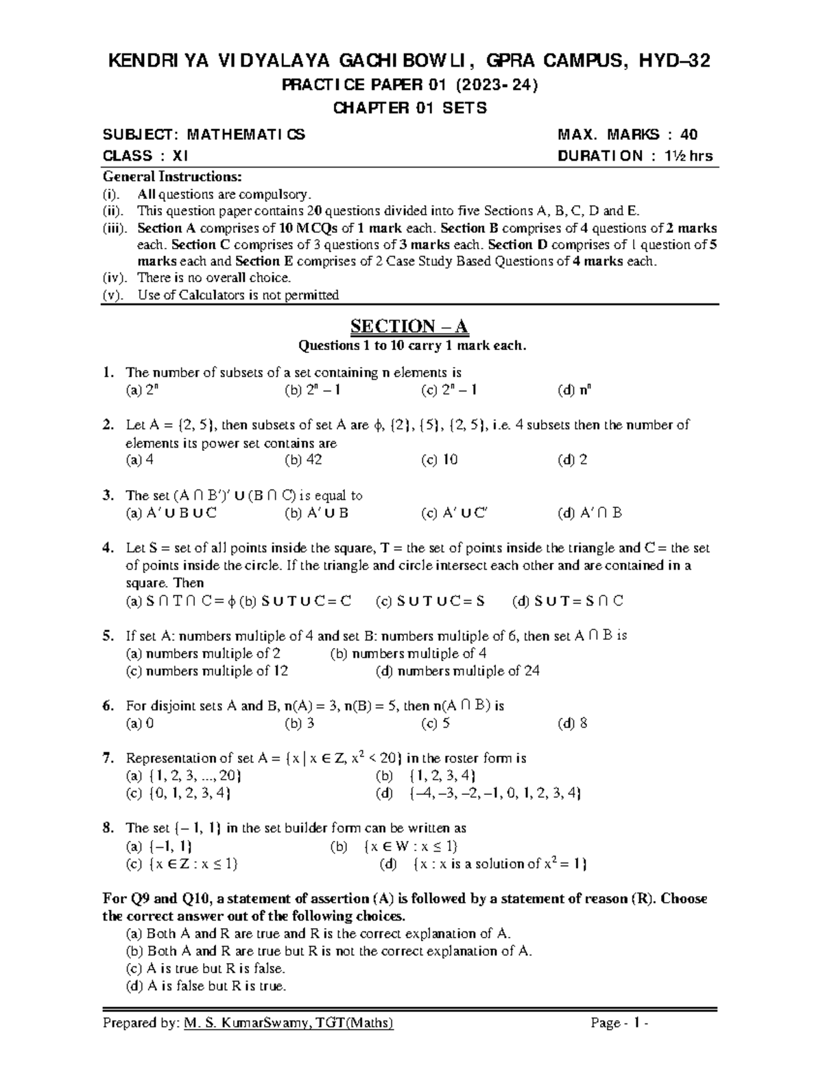 Maths class xi chapter 01 sets practice paper 01 - Prepared by: M. S ...