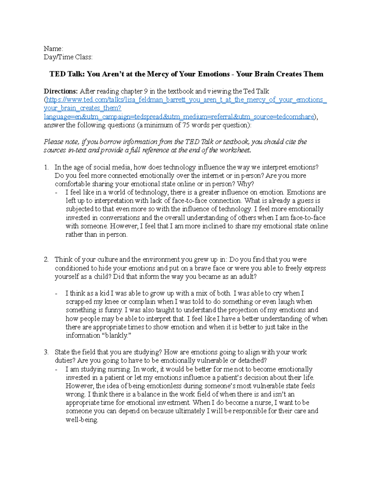 TED Talk Emotions ( Blended) - Name: Day/Time Class: TED Talk: You Aren ...