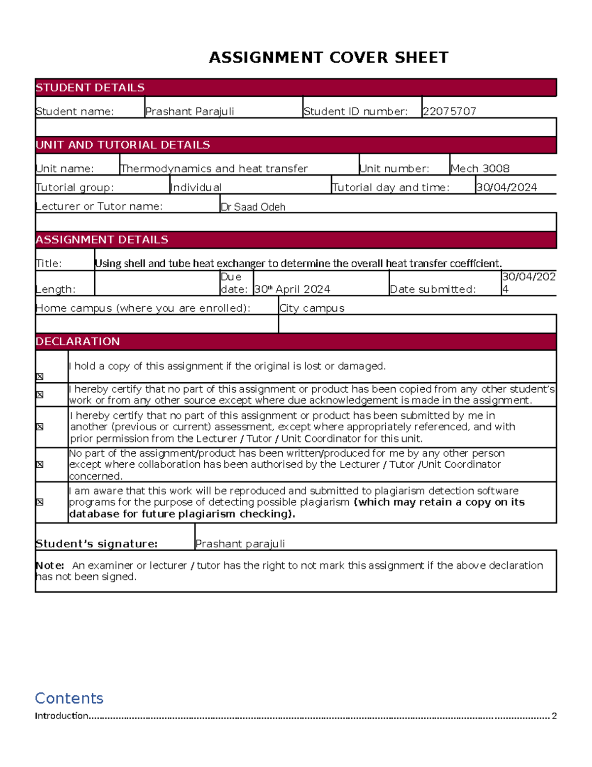 Experiment 2 Heat Exchanger - ASSIGNMENT COVER SHEET STUDENT DETAILS ...