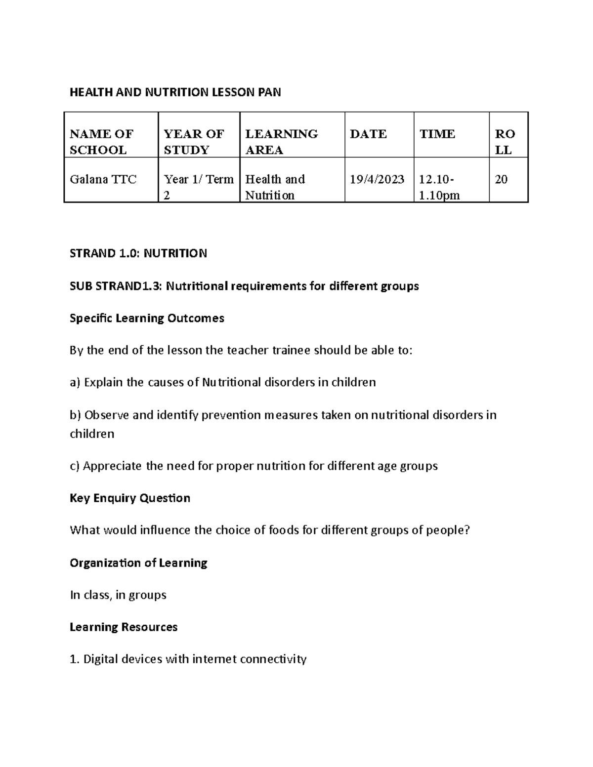 Health AND Nutrition Lesson PAN term 2 - HEALTH AND NUTRITION LESSON ...