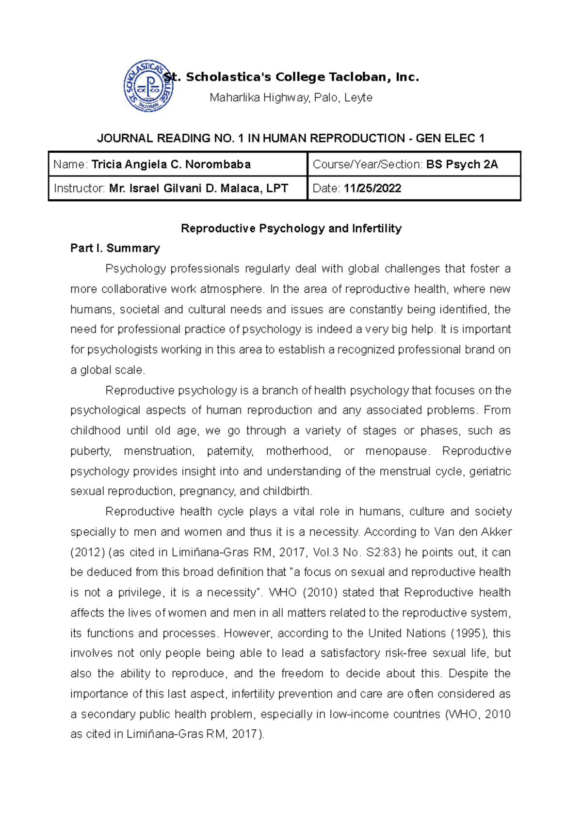 Journal reading - St. Scholastica's College Tacloban, Inc. Maharlika ...