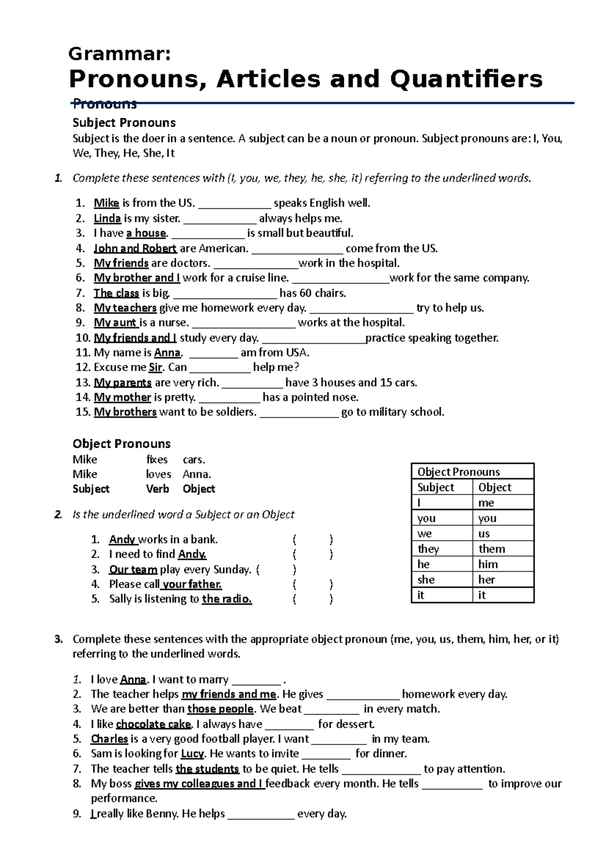 Grammar 1 - Pronouns and Articles - Grammar: Pronouns, Articles and ...
