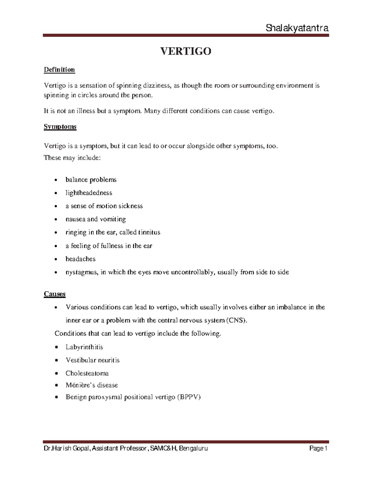 Vertigo - Lecture notes - Shalakyatantra Dr Gopal, Assistant Professor ...