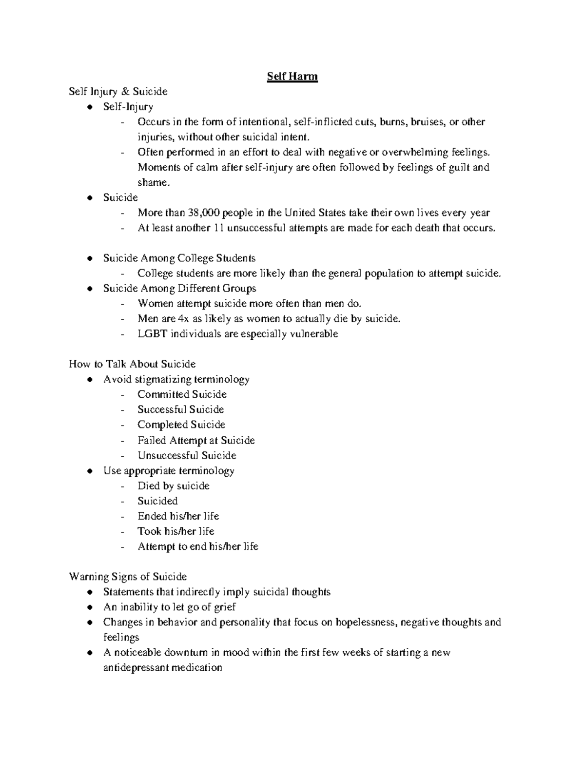 Self Harm - Taken under Dr. Casebolt and Dr. Andrews, passed the course ...