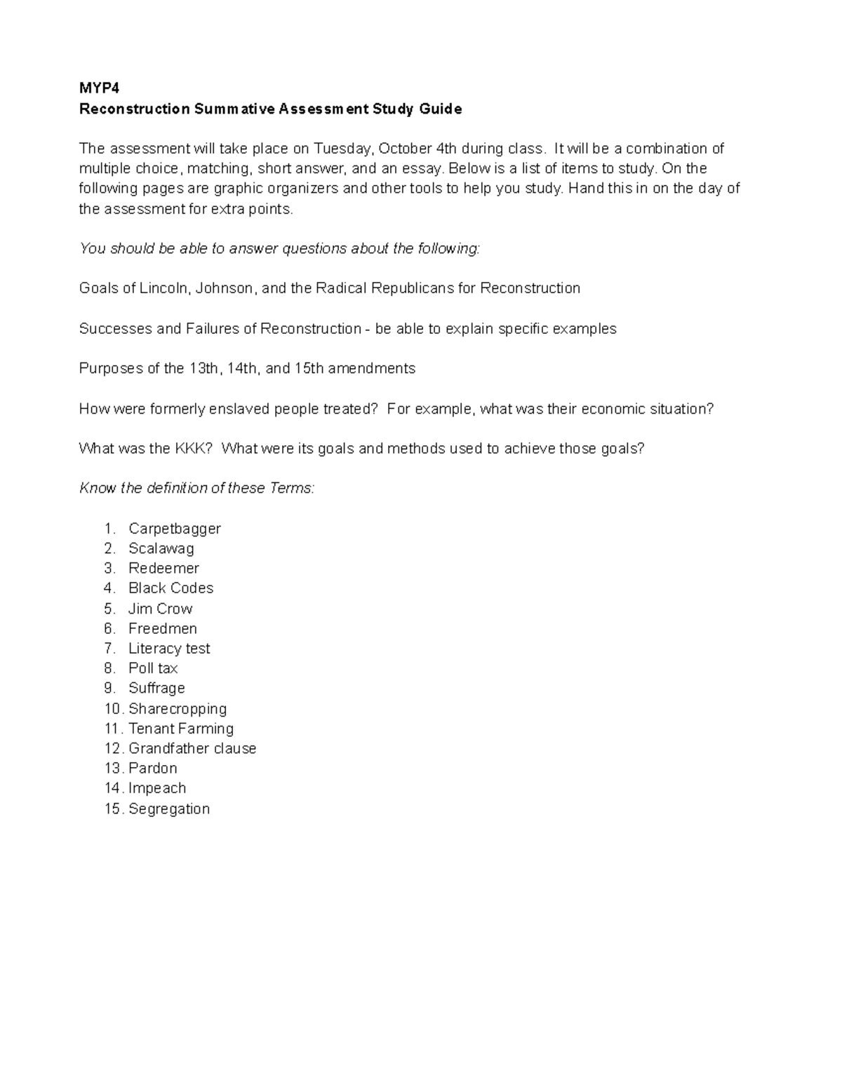 Reconstruction Summative Study Guide Packet - MYP Reconstruction ...