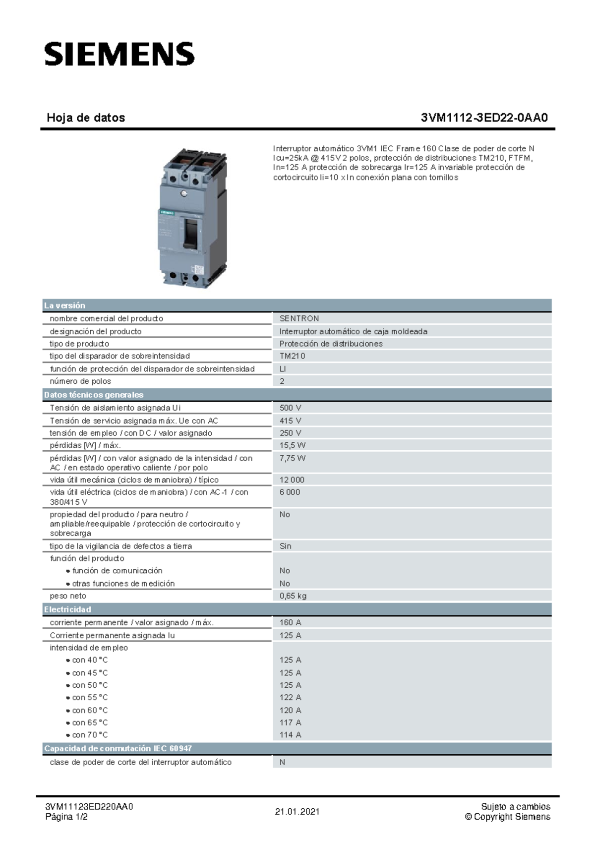 125A datasheet es - 125A - 3VM11123ED220AA 21. Sujeto a cambios Hoja de ...