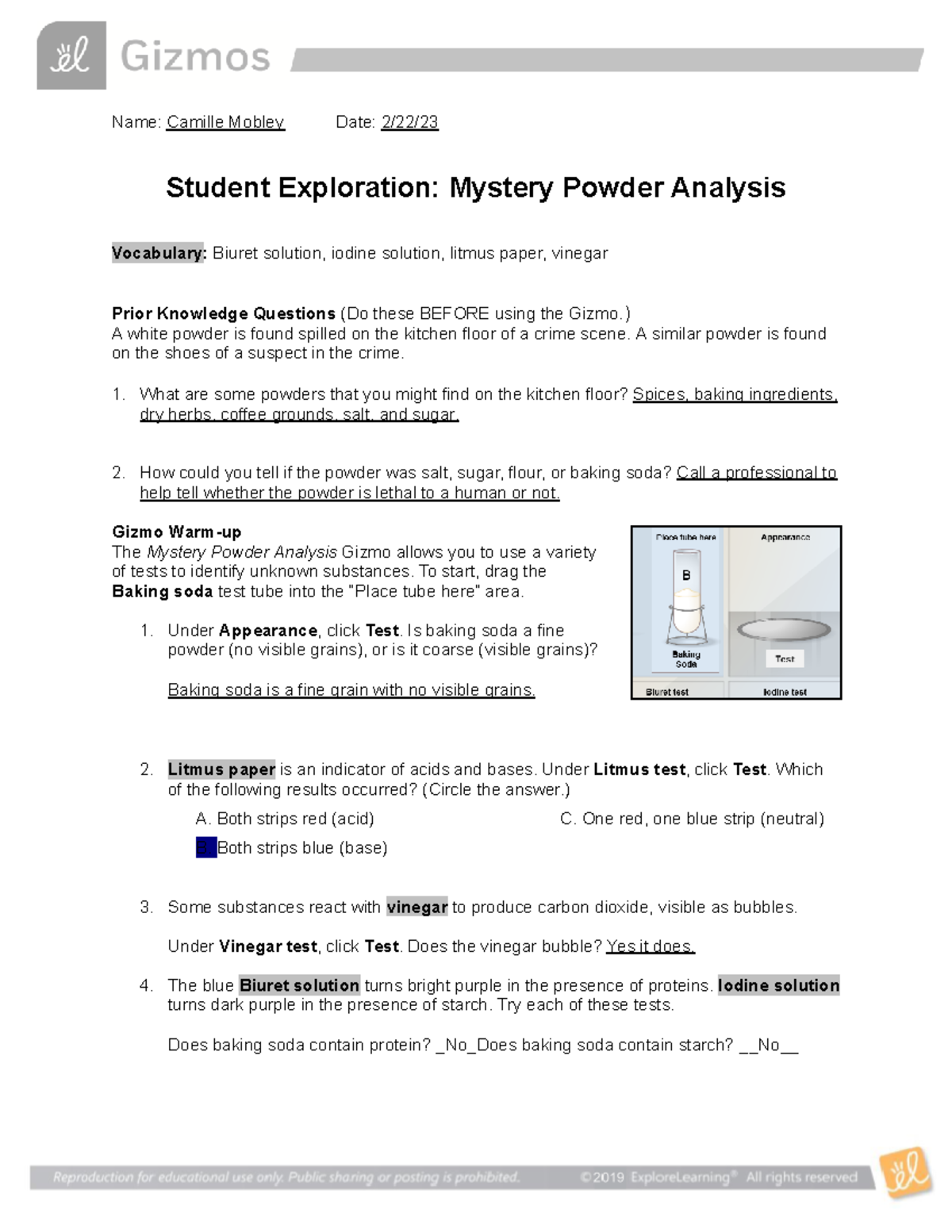 Mystery Powder SE - Answers - Name: Camille Mobley Date: 2/22/ Student ...
