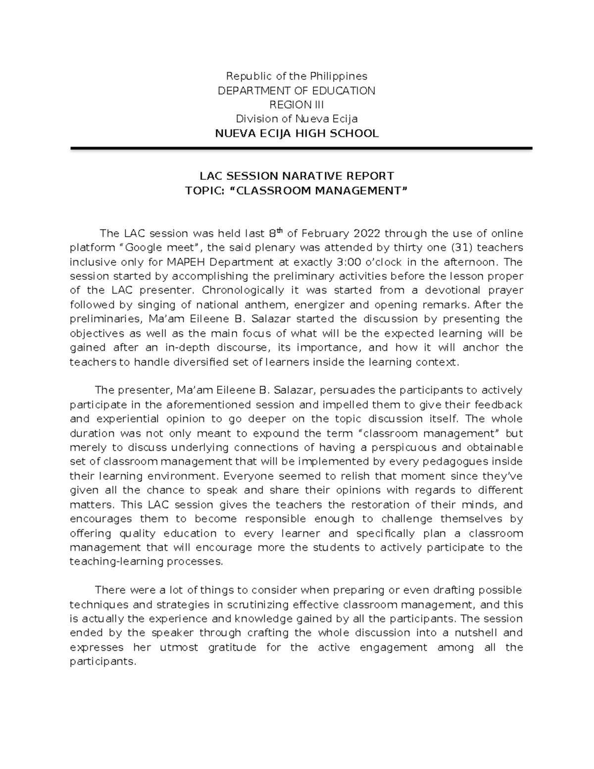 588475587 LAC Session Narative Report - Republic of the Philippines ...