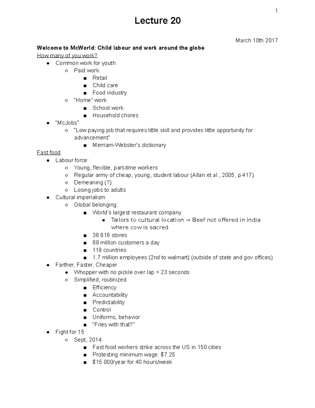 Lecture 20 March 10 - Danielle Molnar & Shauna Pomerantz - 1 Lecture 20 ...