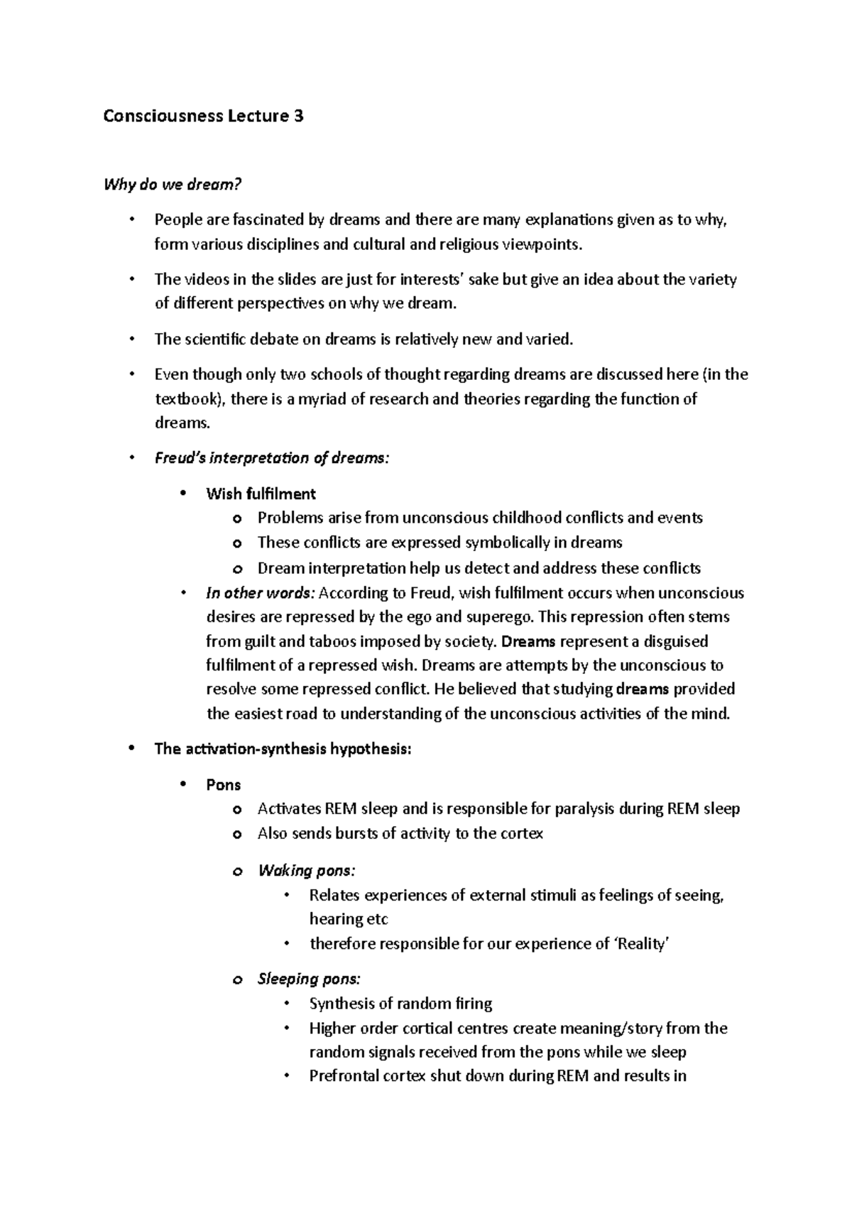 Consciousness Lecture 3 Notes - Consciousness Lecture 3 Why do we dream ...