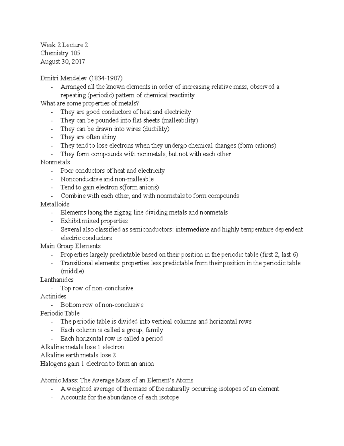 Week 2 Lecture 2 - Week 2 Lecture 2 Chemistry 105 August 30, 2017 Dmitri Mendelev Arranged all ...