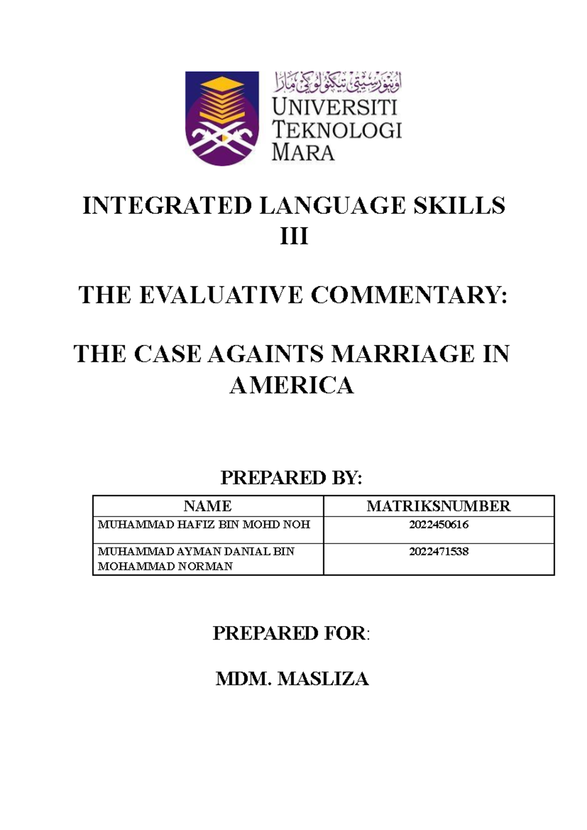 ELC Assignment Evaluative Commentary - INTEGRATED LANGUAGE SKILLS III ...