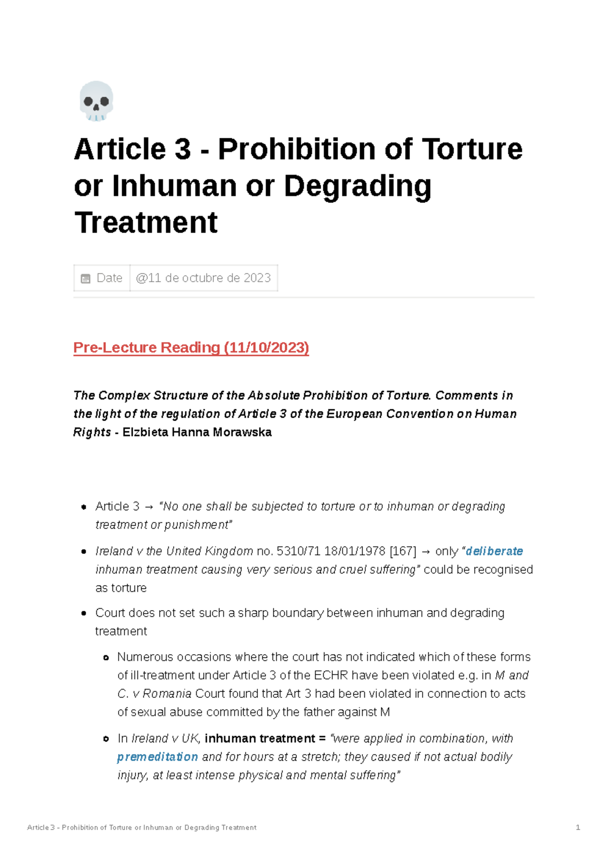 Article 3 - Lecture Notes - 💀 Article 3 - Prohibition of Torture or ...