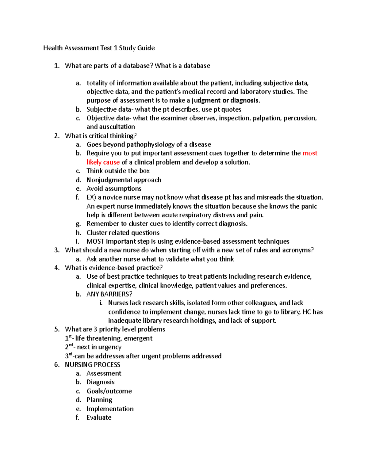 Health Assessment Test 1 Study Guide - totality of information ...