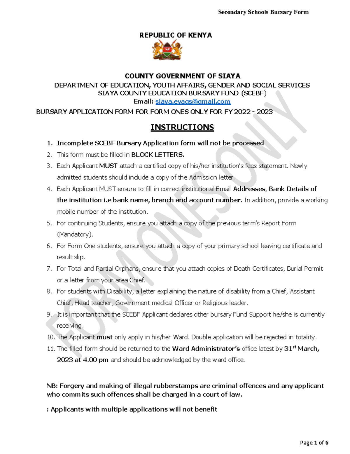 Bursary Application FORM FOR FORM ONES ONLY FOR FY 2022 2023 - REPUBLIC ...