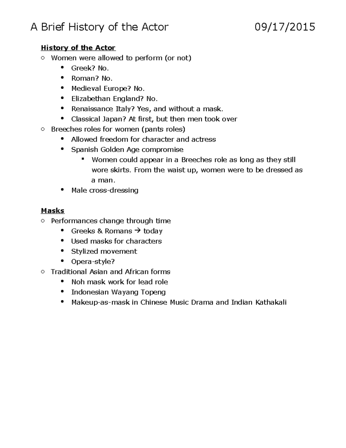 Lecture Notes, Lecture A Brief History Of The Actor - A Brief History ...