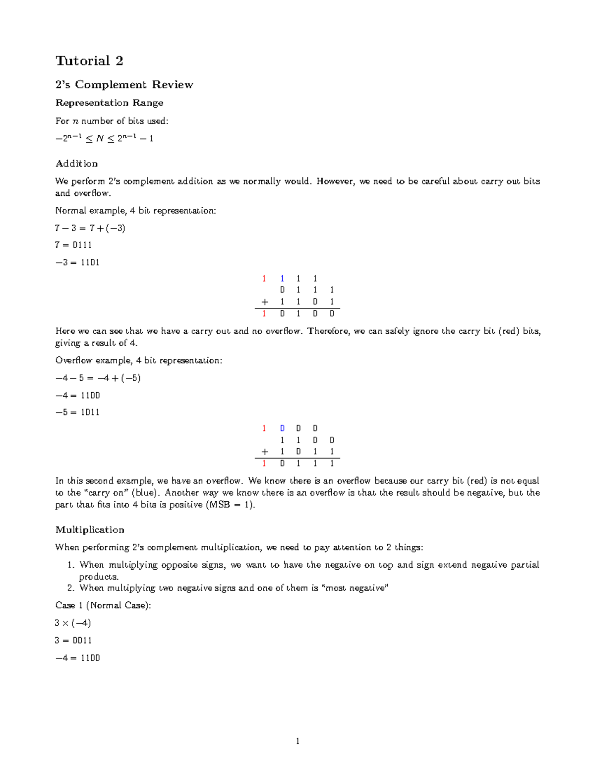 Tut2 - tutorial - Tutorial 2 2’s Complement Review Representation Range For n number of bits ...
