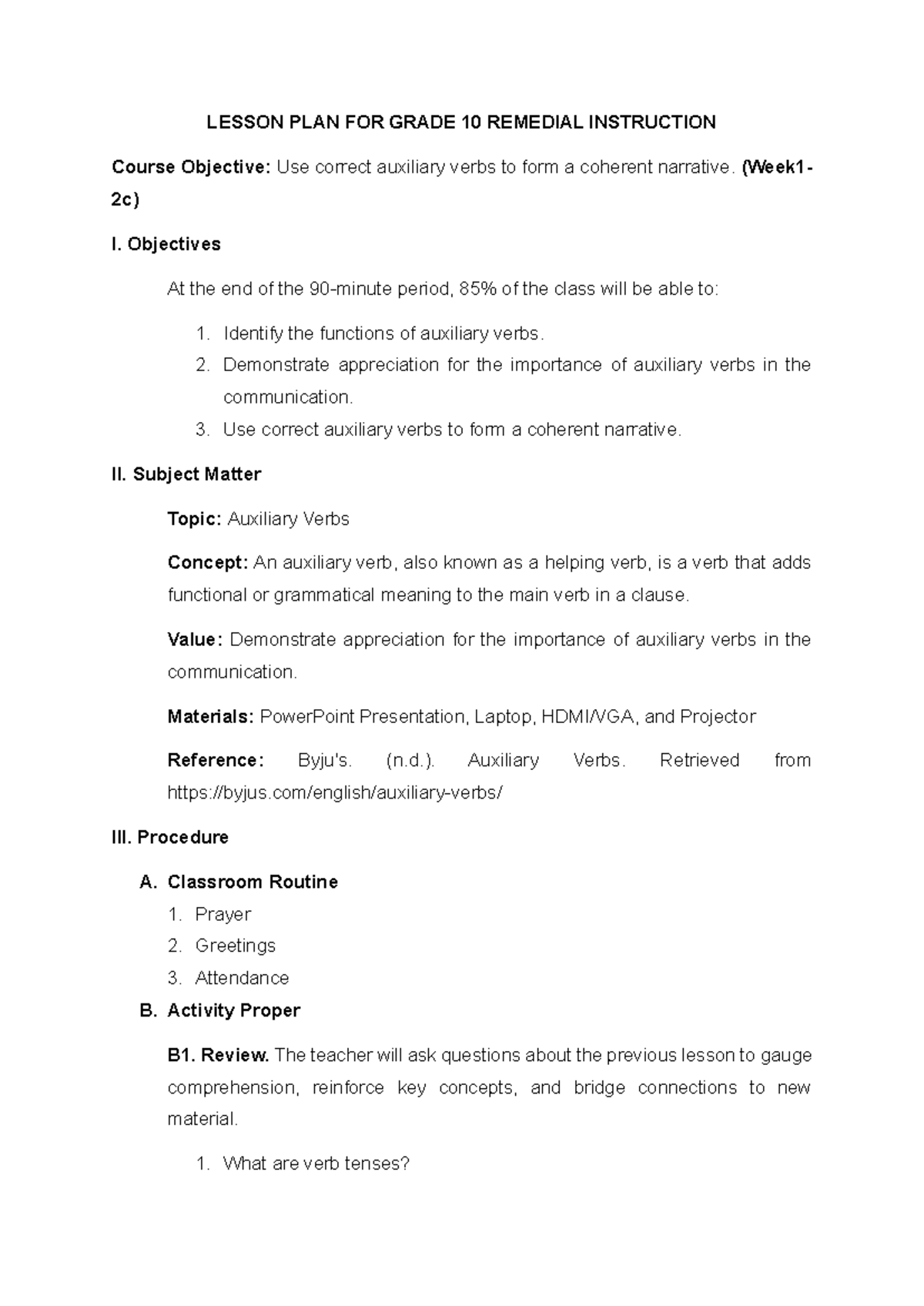 Lesson Plan Speaking - LESSON PLAN FOR GRADE 10 REMEDIAL INSTRUCTION ...