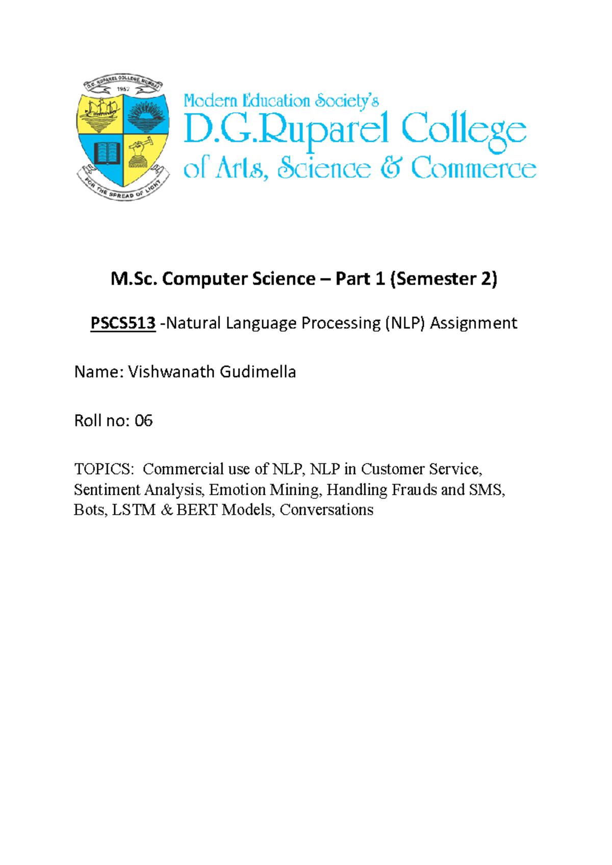 NLP assignment (06) - Natural language processing - M. Computer Science – Part 1 (Semester 2 ...