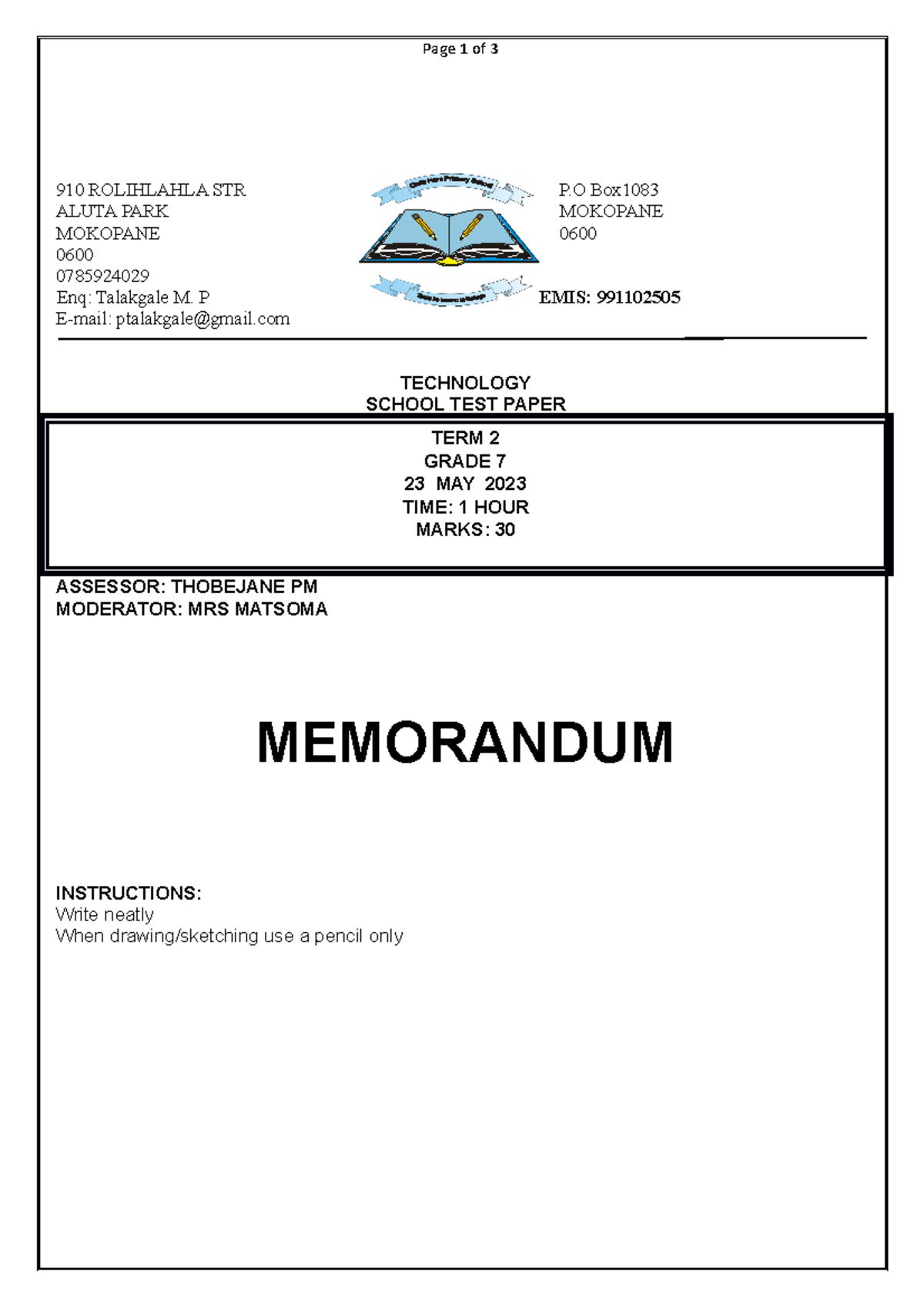 Grade 7 TECH TERM 2 TEST MEMO 2023 - Page 1 of 3 910 ROLIHLAHLA STR P ...