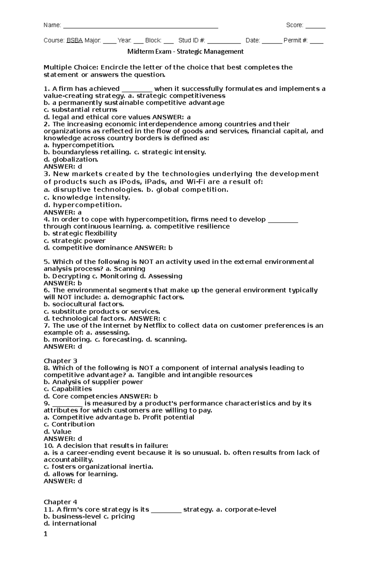 Midtetrm SM Answer Key - Exam/ Quiz for strategic management courses ...