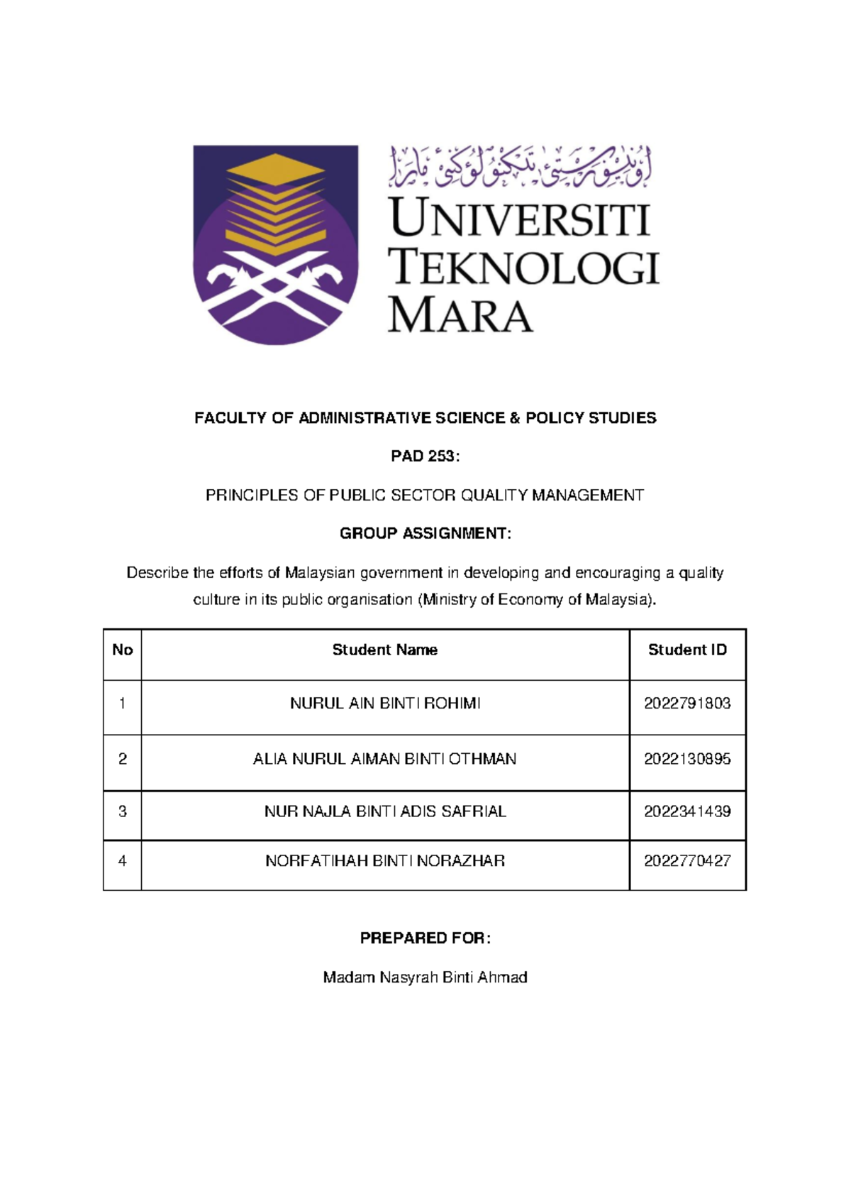 PAD 253 Assignment (REAL) 1 - FACULTY OF ADMINISTRATIVE SCIENCE ...