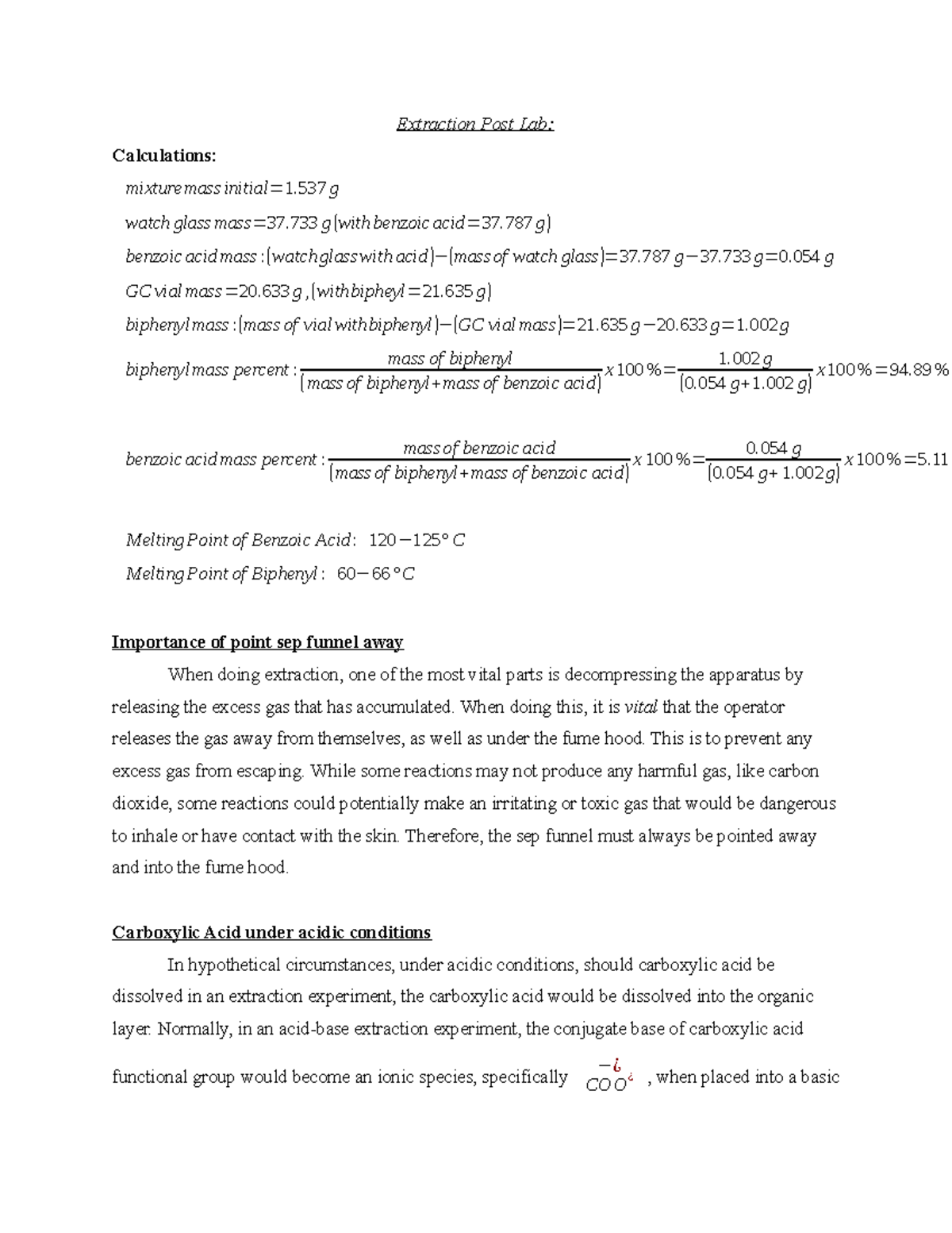 Extraction post lab - Lab experiment work for 322A - Extraction Post Lab: Calculations: - Studocu