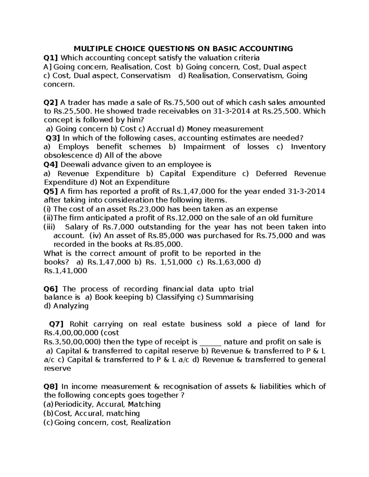Test 2019, answers - MULTIPLE CHOICE QUESTIONS ON BASIC ACCOUNTING Q1 ...