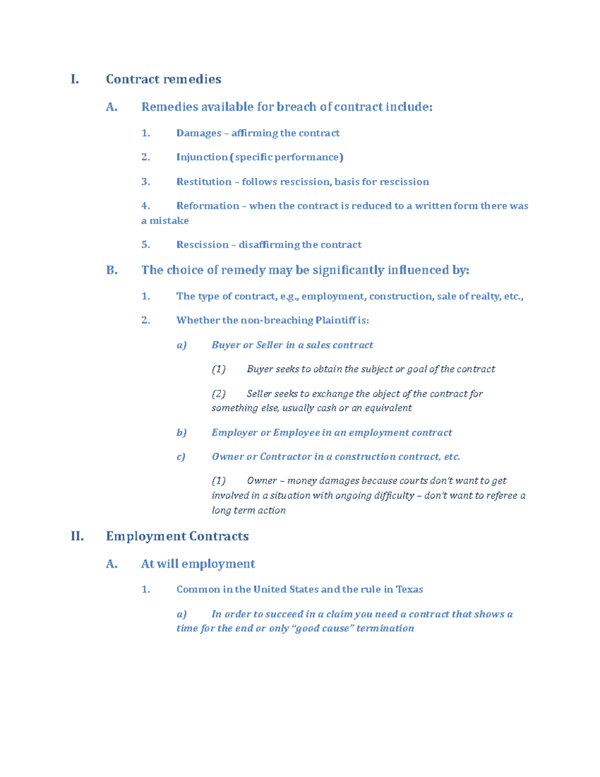Contract remedies - outline - I. Contract remedies A. Remedies ...