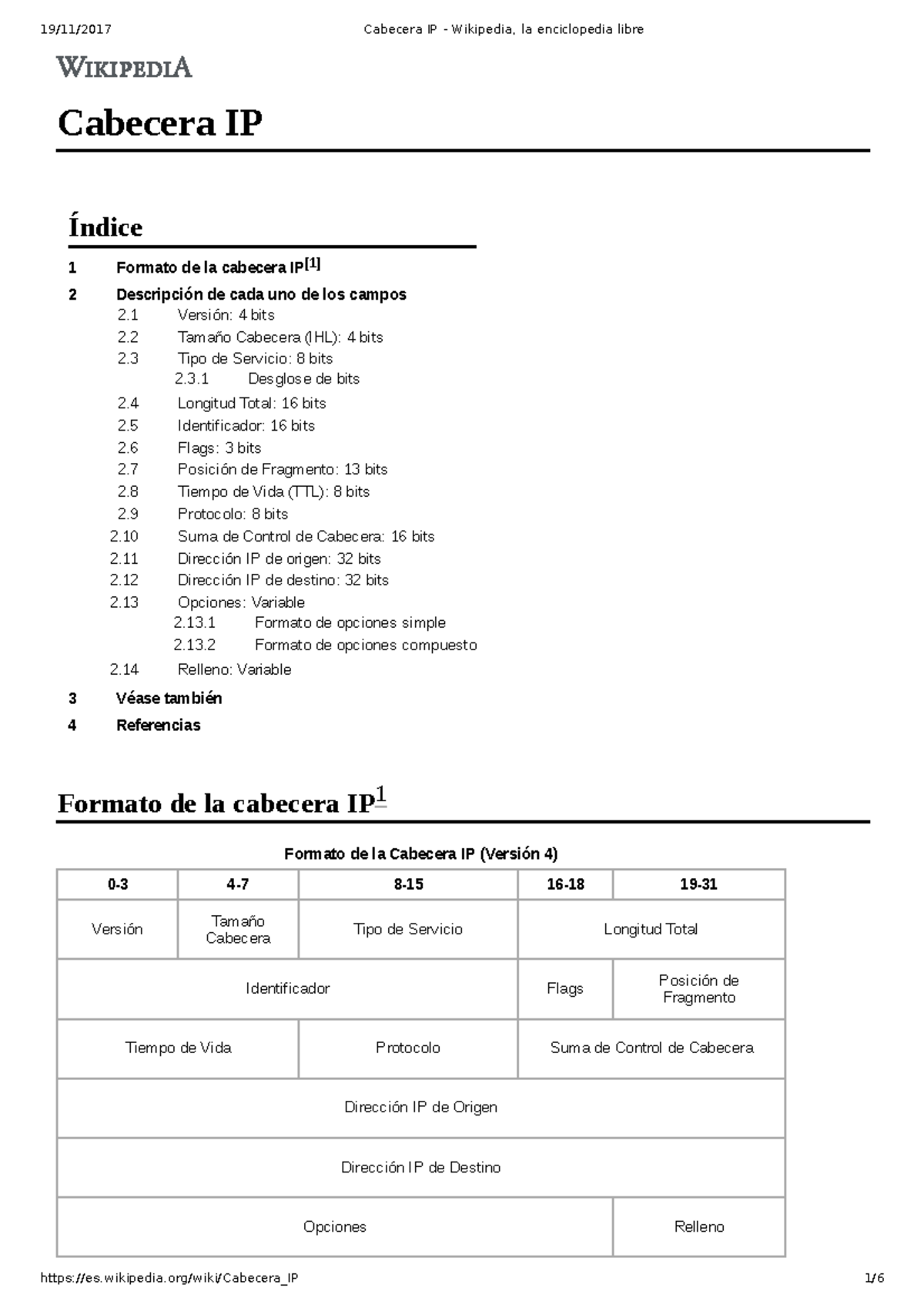 P2 Cabecera IPv4 - IPV4 - Cabecera IP 1 Formato de la cabecera IP[1] 2 ...
