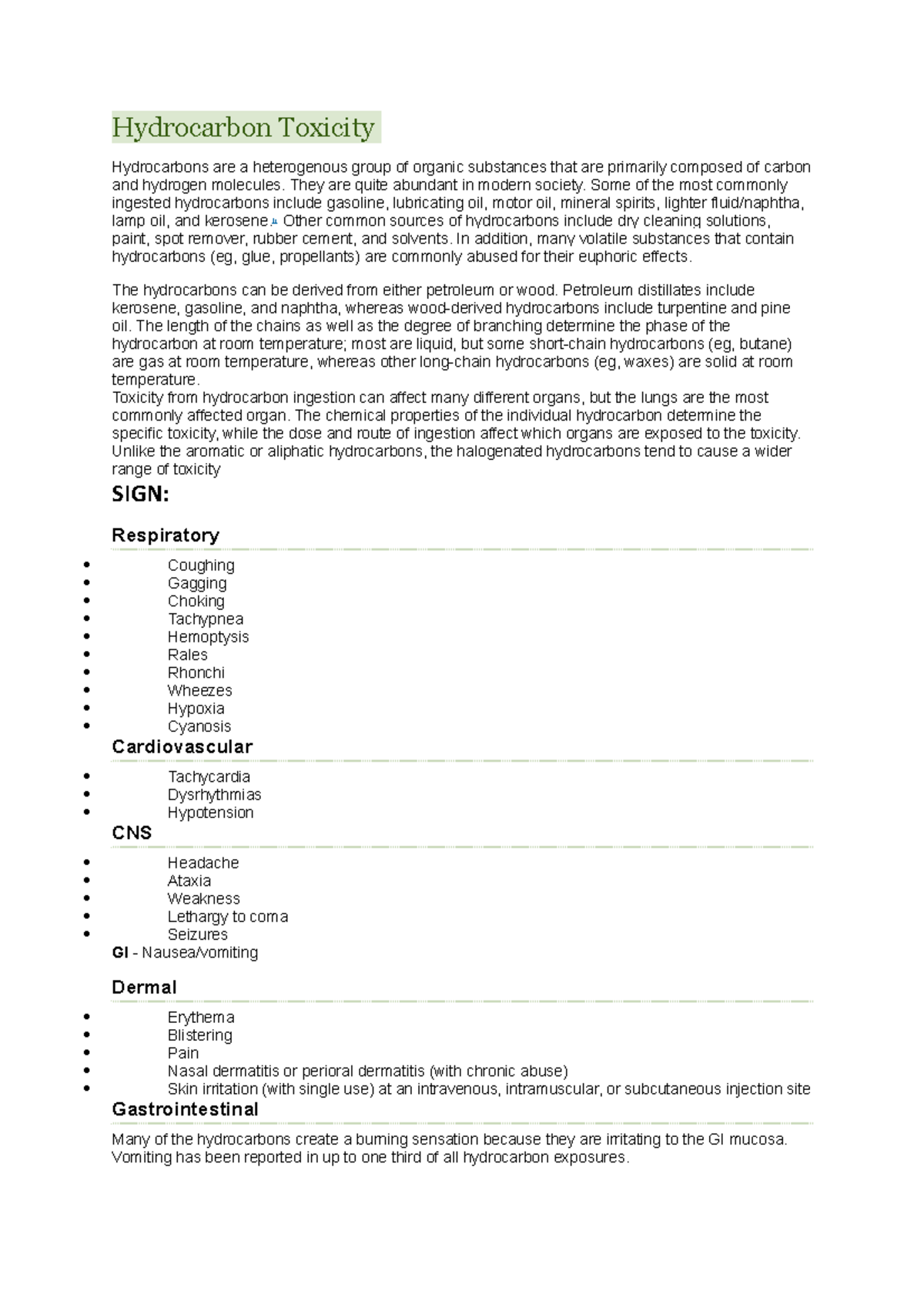 Hydrocarbon Toxicity - Hydrocarbon Toxicity Hydrocarbons are a ...