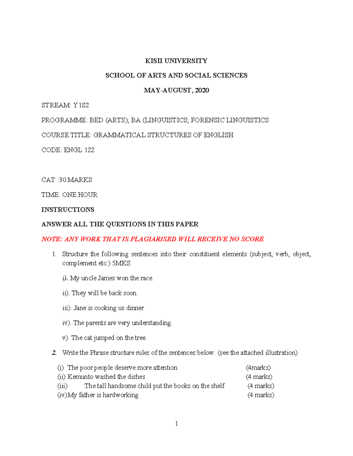 ENGL 122 CAT 1 - Essentially - KISII UNIVERSITY SCHOOL OF ARTS AND ...