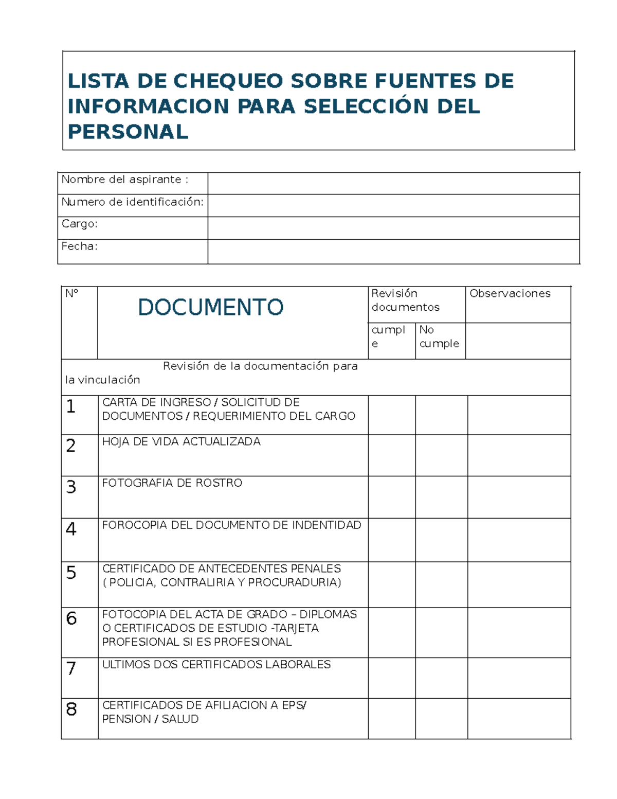 Lista DE Chequeo Sobre Fuentes DE Informacion PARA Selección DEL ...