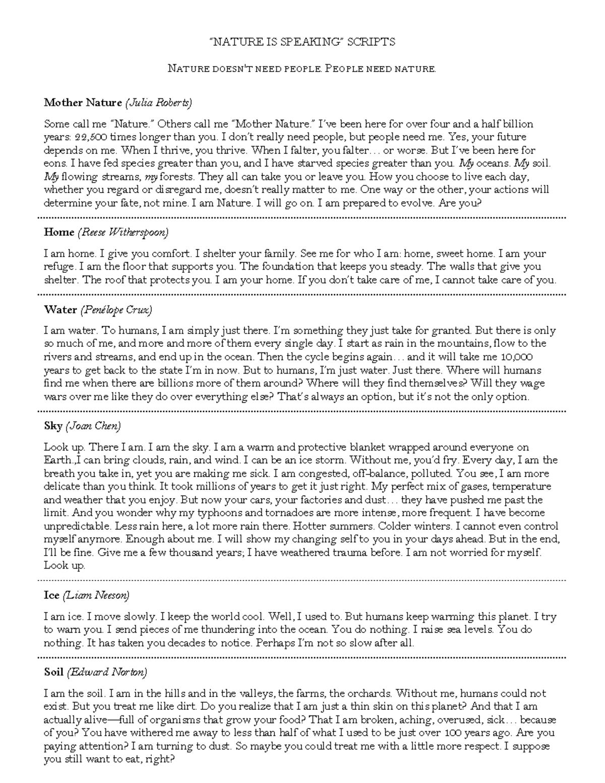 Script-packet - “NATURE IS SPEAKING” SCRIPTS NATURE DOESN ' T NEED ...