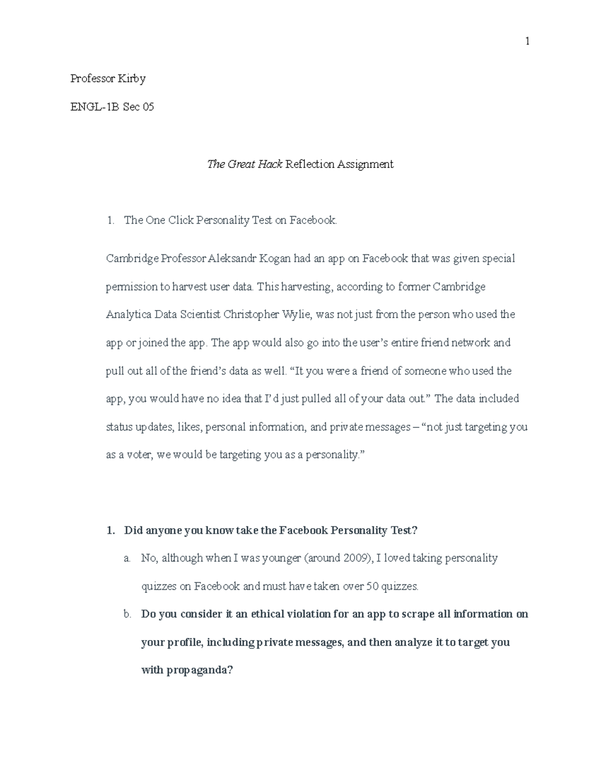ENGL 1B The Great Hack Reflection Assignment - Professor Kirby ENGL-1B ...