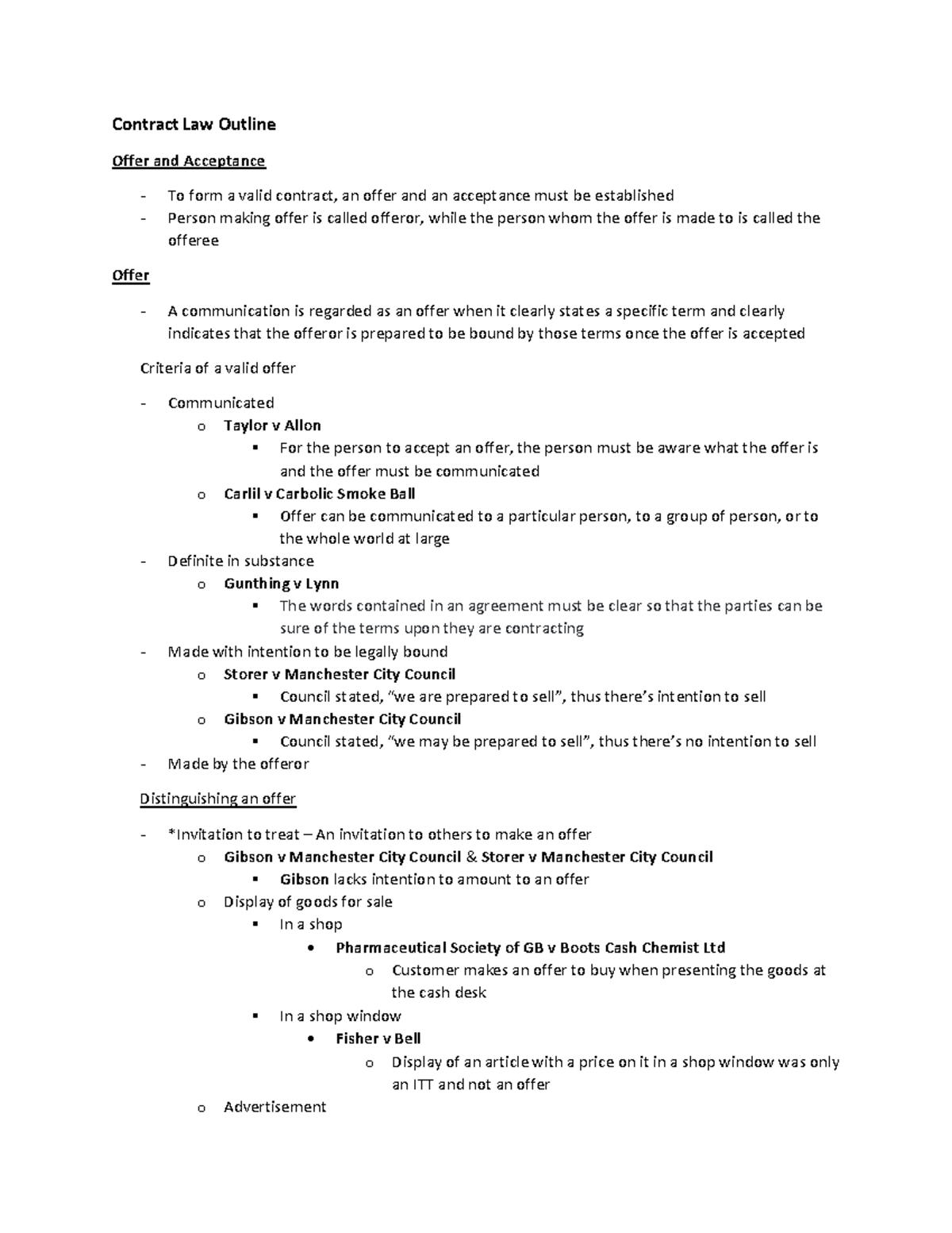 Contract Law Outline - Contract Law Outline Offer and Acceptance To ...