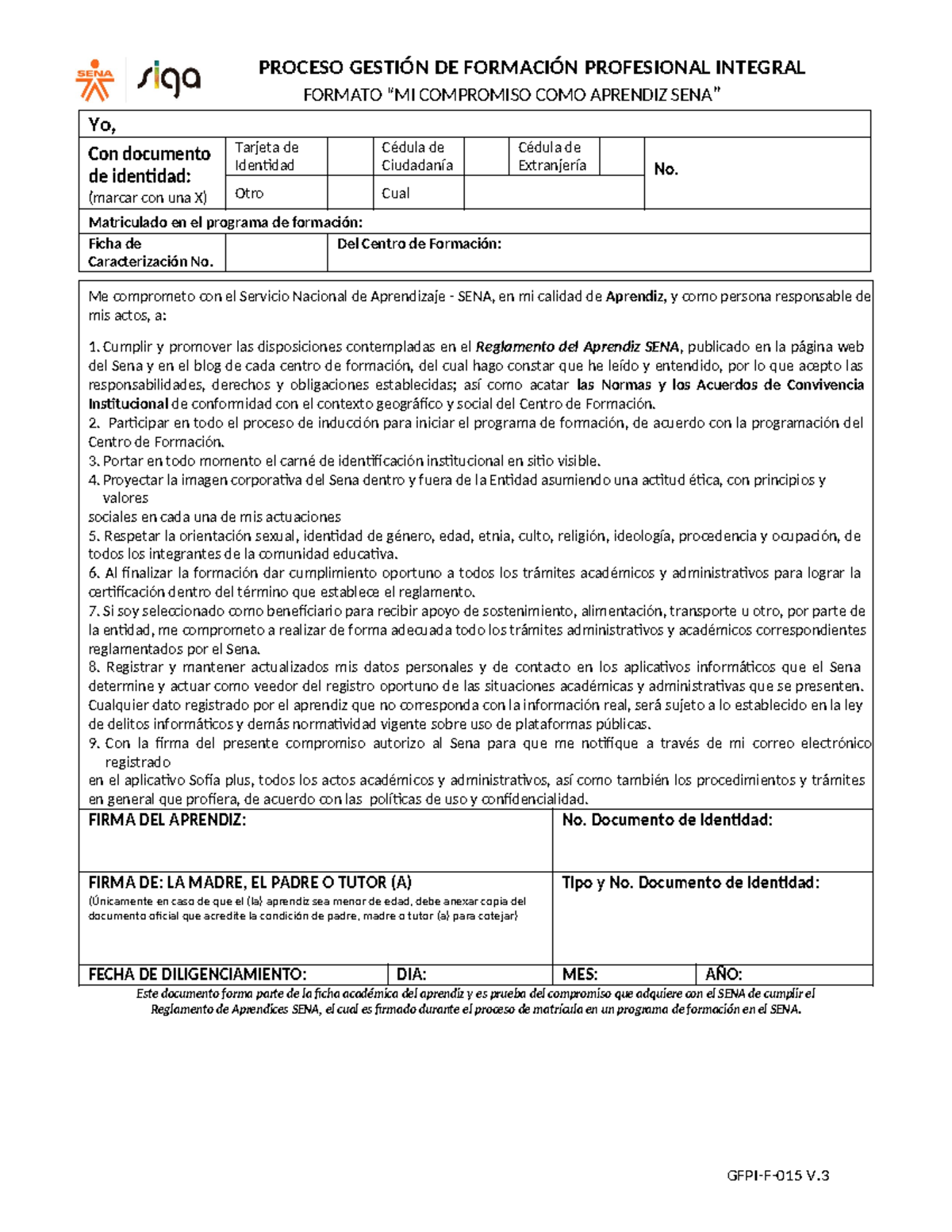 GFPI-F-015 Formato Compromiso del Aprendiz - PROCESO GESTIÓN DE FORMACIÓN PROFESIONAL INTEGRAL ...