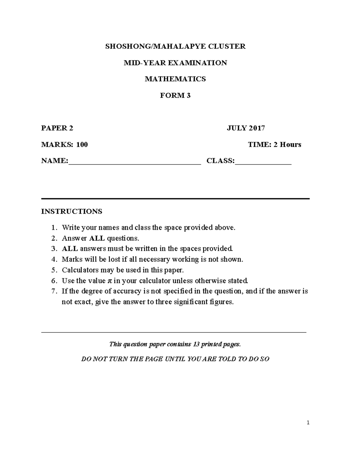 Form 3 paper 2 - SHOSHONG/MAHALAPYE CLUSTER MID-YEAR EXAMINATION ...
