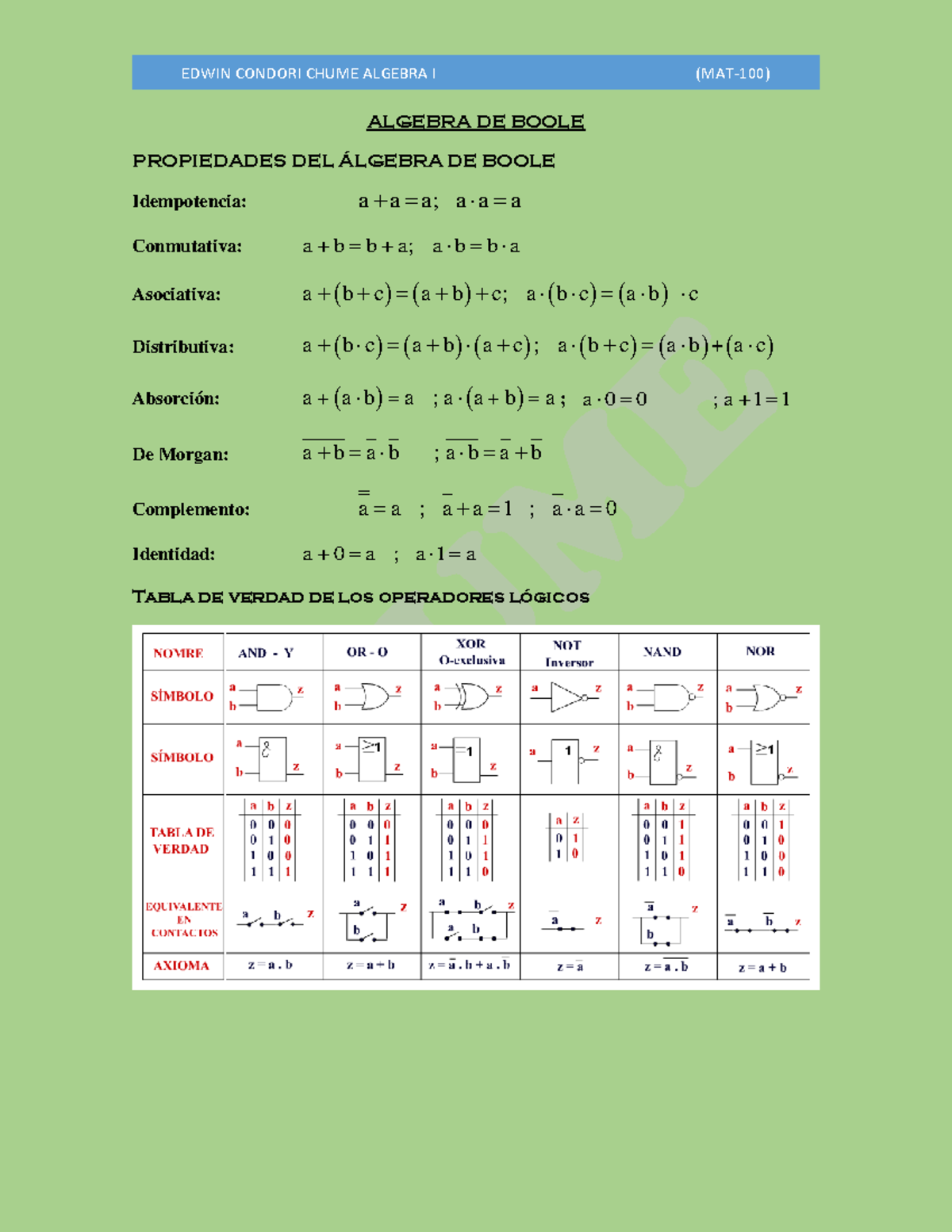 Algebra DE Boole - Relaciones Formulario - ALGEBRA DE BOOLE PROPIEDADES DEL ÁLGEBRA DE BOOLE ...