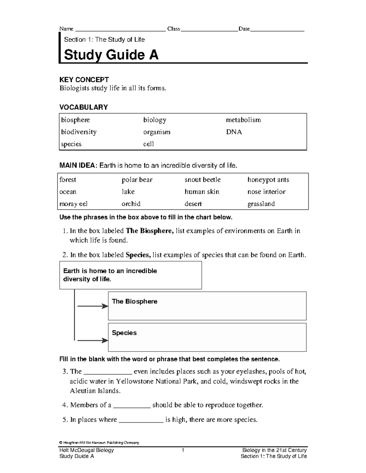 Study Guide Chapter 1 - © Houghton Mifflin Harcourt Publishing Company ...