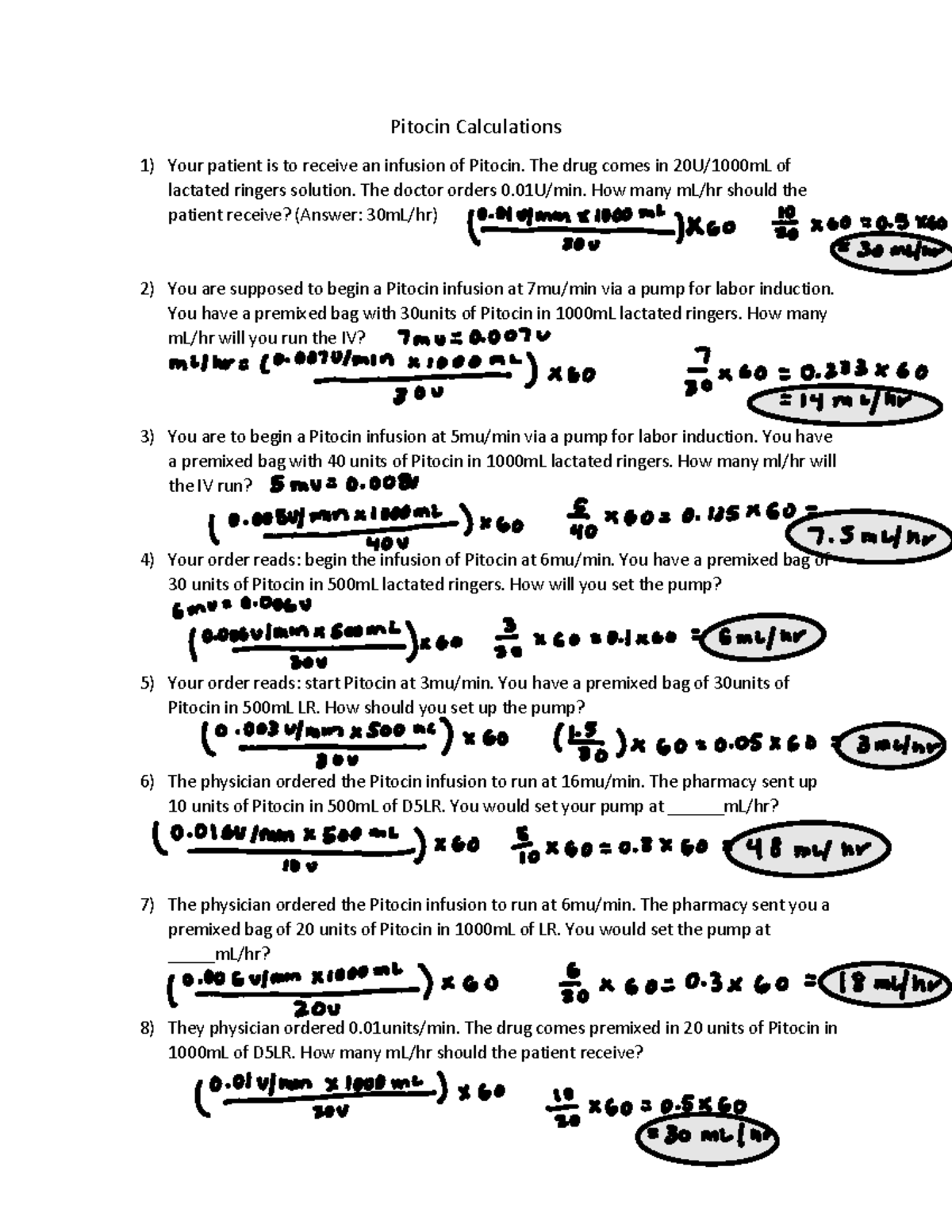 Pitocin Calculations 2 - Pitocin Calculations 1) Your patient is to ...
