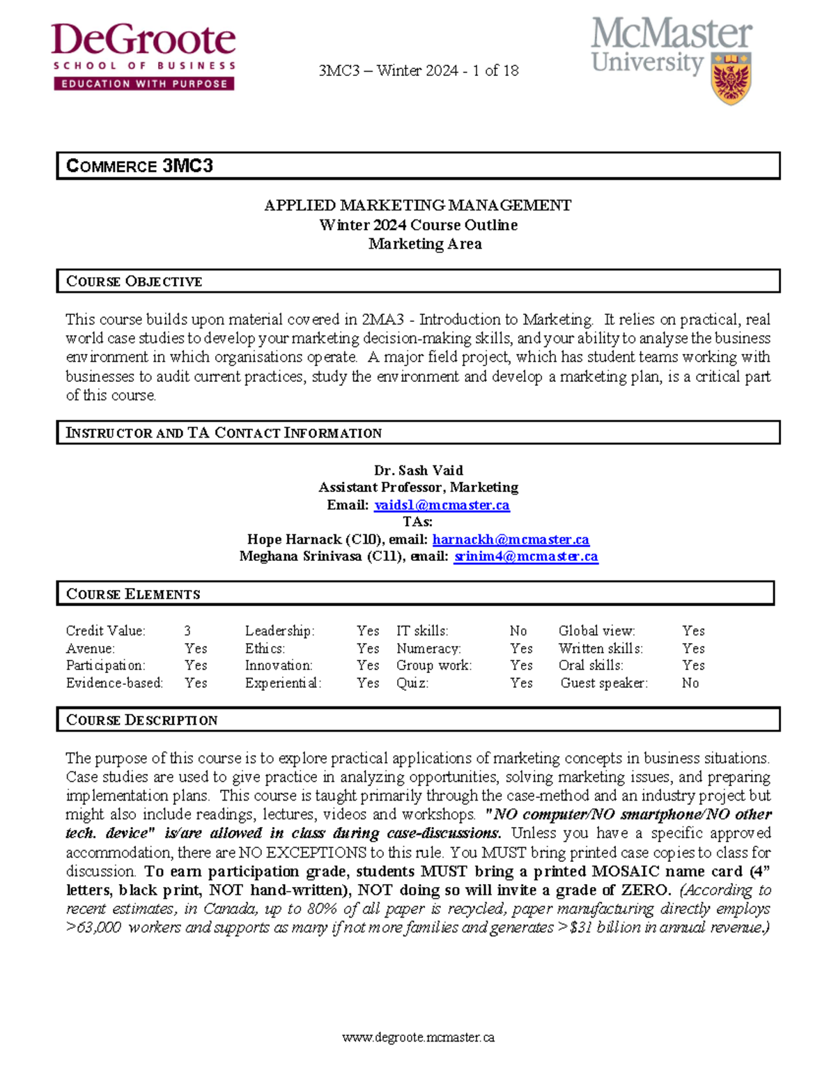 3MC3 W24 Course Outline - COMMERCE 3MC APPLIED MARKETING MANAGEMENT Winter 2024 Course Outline ...