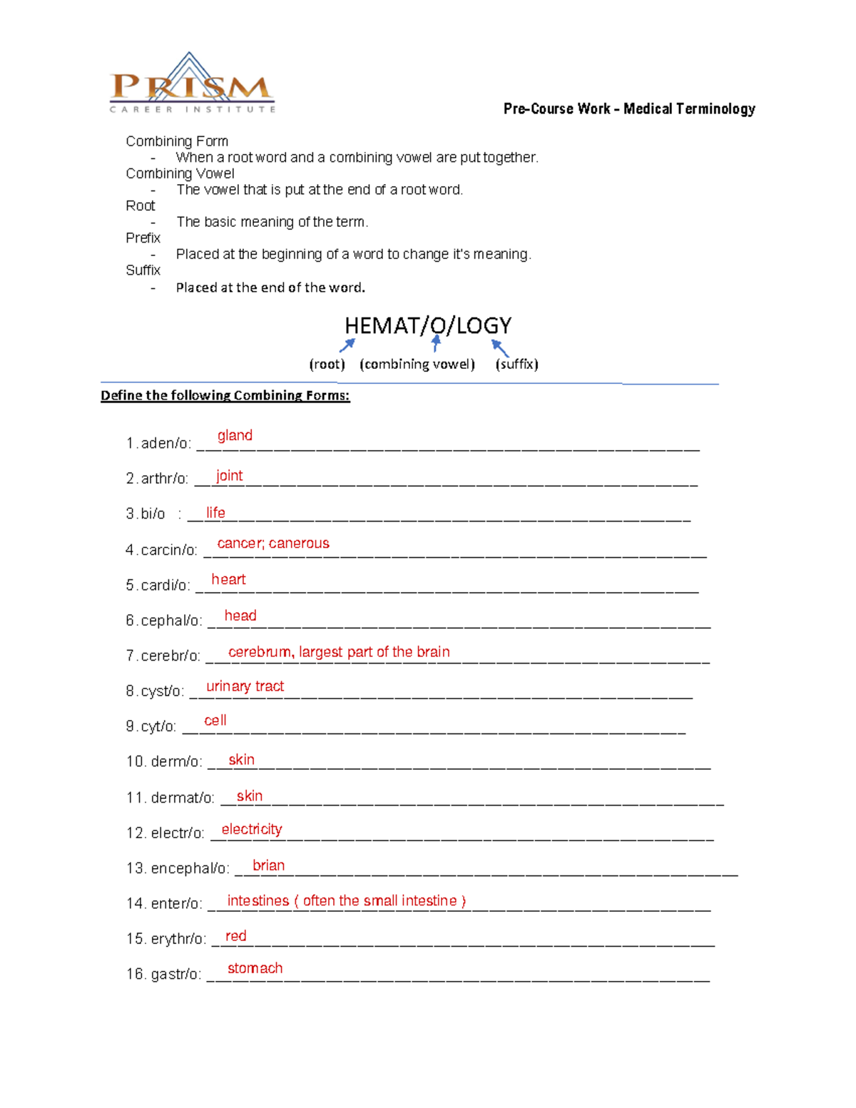 Med Term Prework AW - med term - Combining Form - When a root word and ...